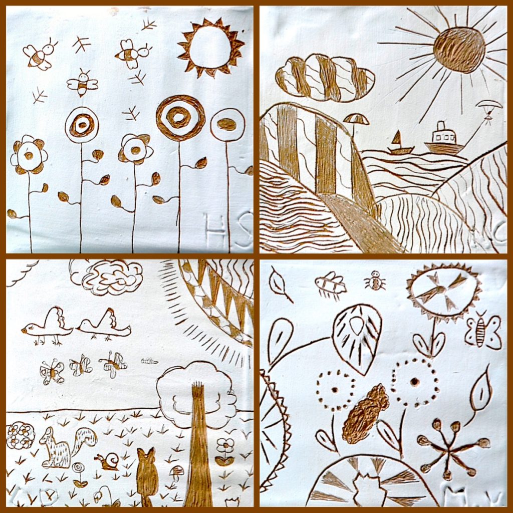 Sgraffito tiles: terracotta clay and white slip – Arte a Scuola